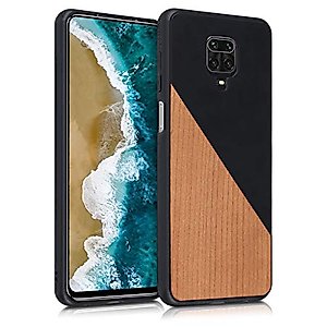 kwmobile Case Compatible with Xiaomi Redmi Note 9S / 9 Pro / 9 Pro Max - Hard Cover with TPU Bumper and PU Leather/Wood Design - Two-Tone Wood Black/Brown