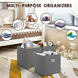 Storage Cubes, 11 Inch Cube Storage Bins (Set of 3), Fabric Collapsible Storage Bins with Dual Handles, Foldable Cube Baskets for Shelf, Closet Organizers and Storage Box (Beige)