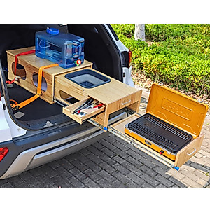SHIWAGIN Overland Kitchen, Vehicle Camping Table with Drawer, for SUV/Trunk Bed/Storage, for up to 2 Burners Camp Stove, Folding, pullout, Pull Out