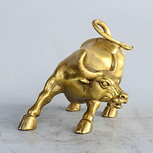ZHONGJIUYUAN Brass Charging Stock Market Bull Figurine Wall Street Sculptures Bull Ox Statue Feng Shui Scuplture Home Office Decor (Middle Size)