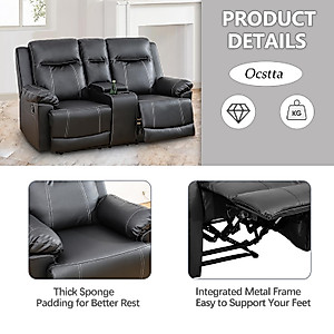 Ocstta Leather Recliner Sofa, Leather Living Room Furniture Set with Storage Console & Cup Holder for Living Room/Office (Recliner Couch for Loveseat) Black