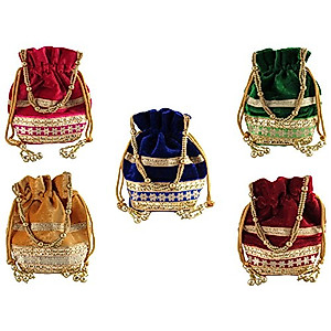 GoldGiftIdeas Indian Potli Bags for Wedding, Bridal Clutch, Bridal Purse for Party, Bridal Potli Bags, Traditional Potli Bags, Party Favor Bags (Pack of 5)