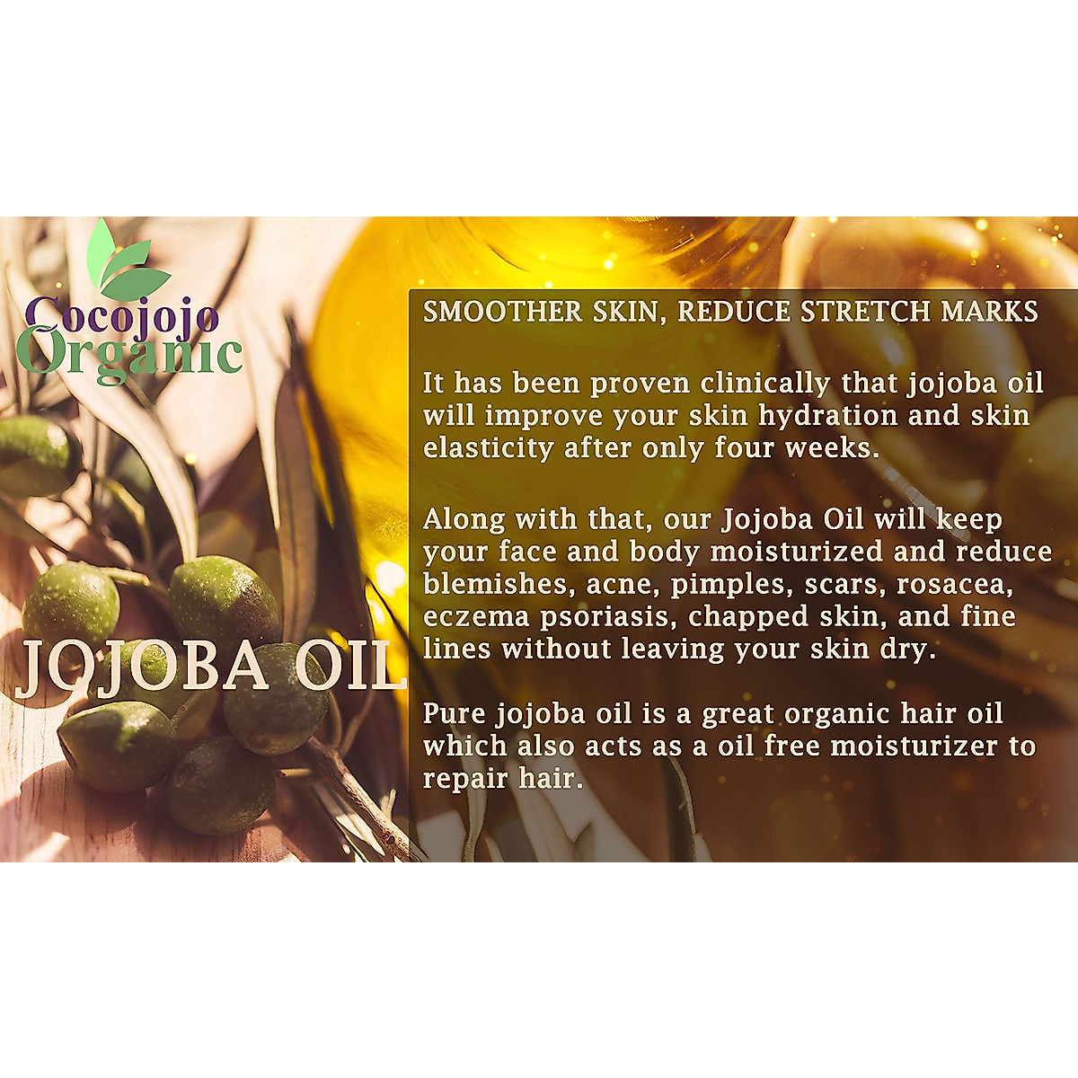 cocojojo Jojoba Oil Organic, Jojoba Oil for Hair Growth, Jojoba Oil for Skin, Jojoba Oil for Face, 100% Pure Natural, Cold Pressed, Deep Moisturizing Anti-Aging, Essential Oils - 32 Fl Oz