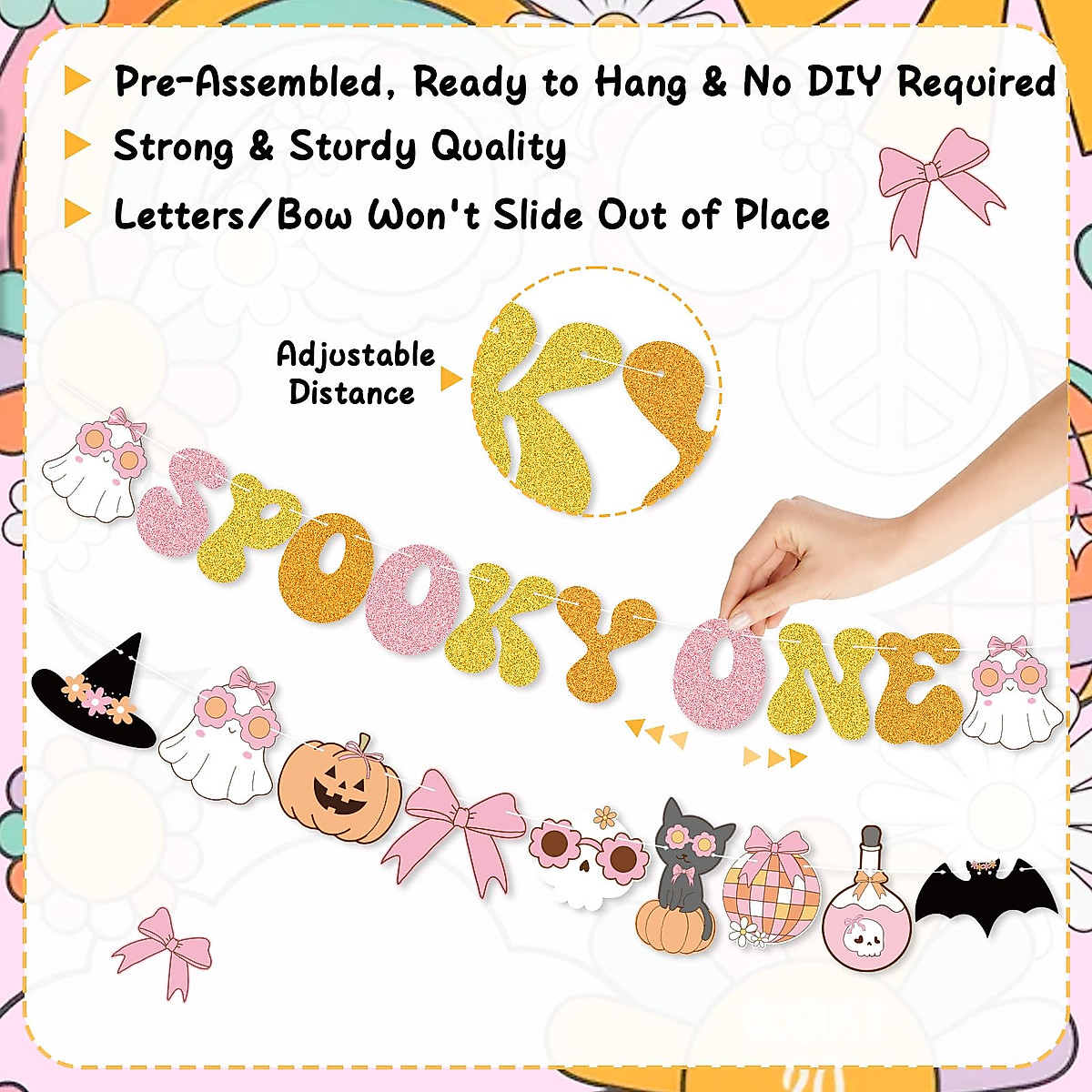 Groovy Spooky One Birthday Decorations Girl, Glitter Spooky One Banner, Pink Hippie Halloween 1st Birthday Party Decorations, Retro Groovy Coquette Halloween First Birthday Party Supplies