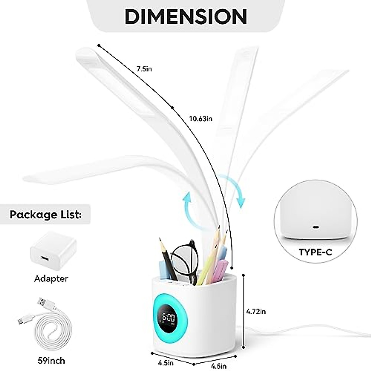 Hokone Desk Lamps for Home Office, LED Desk Lamp with Pen Holder, 10W Study Lamp with USB Adapter, Gooseneck White Desk Lamp Dimmable, RGB Touch Night Light for Kids