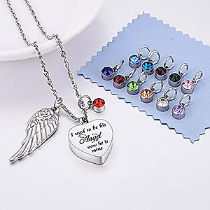 Dletay Heart Cremation Necklace for Ashes Angel Wing Urn Necklace with 12 PCS Birthstones-I Used to be His Angel, Now He is Mine