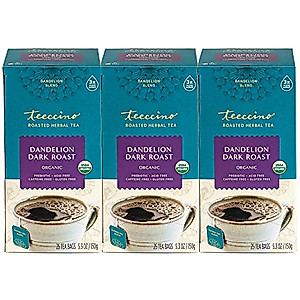 Teeccino Dark Roast Dandelion Tea - Rich & Roasted Herbal Tea That’s Caffeine Free & Prebiotic with Detoxifying Dandelion Root, 25 Tea Bags (Pack of 3)
