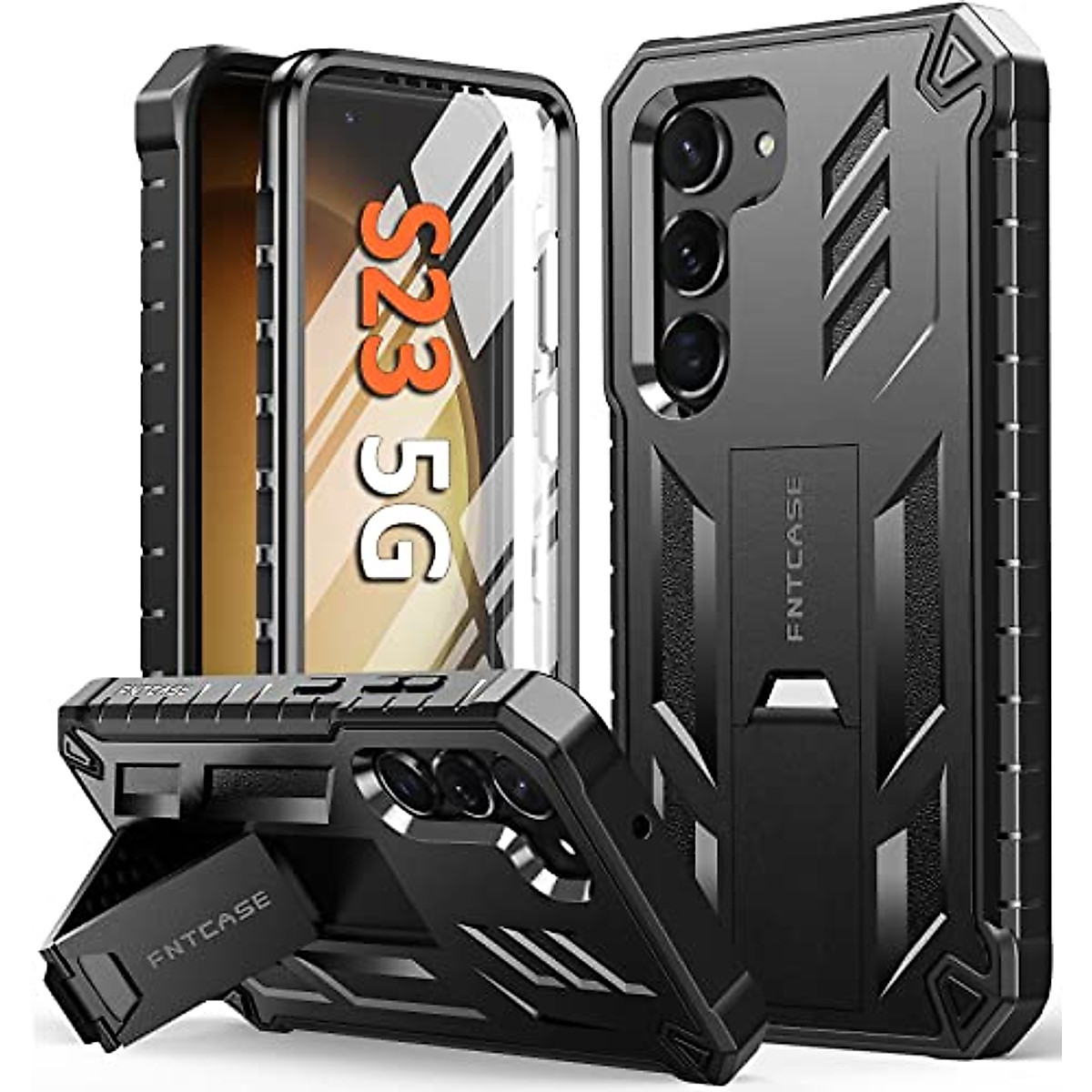 FNTCASE for Samsung Galaxy-S23 Protective Case: Dual-Layer Rugged Shockproof Cell Phone Cover with Built-in Screen Protector & Kickstand|Military Drop Proof Full Protection Bumper Cases 6.1'' Black