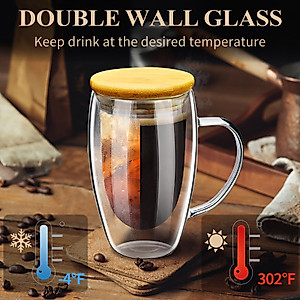PARACITY Double Wall Glass Coffee Mugs 16OZ with Bamboo Lid/Spoon, Glass Coffee Cups Set of 2 with Handle, Insulated Clear Coffee Mug, Perfect for Latte, Cappuccino, Espresso, Hot Beverage, Tea
