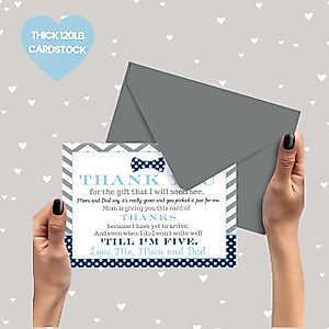Paper Clever Party Bow Tie Baby Shower Thank You Cards with Envelopes Blank Notes Prefilled Message Boys Personalize for Registry Gifts Blue and Grey Notecard Set 4x6, 15 Pack Printed