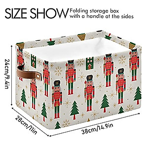xigua Christmas Nutcracker Xmas Tree Snowflake Storage Basket Foldable Storage Bin Canvas Rectangular Storage Basket with Leather Handles for Home Closet & Office Decoration