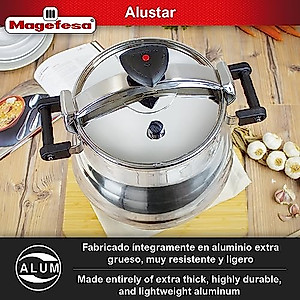 Magefesa® Alustar 23.2 Quart Pressure Cooker, recommended use for professionals, made of extra thick aluminum, express, has a Thermodiffusion bottom, 3 Security Systems