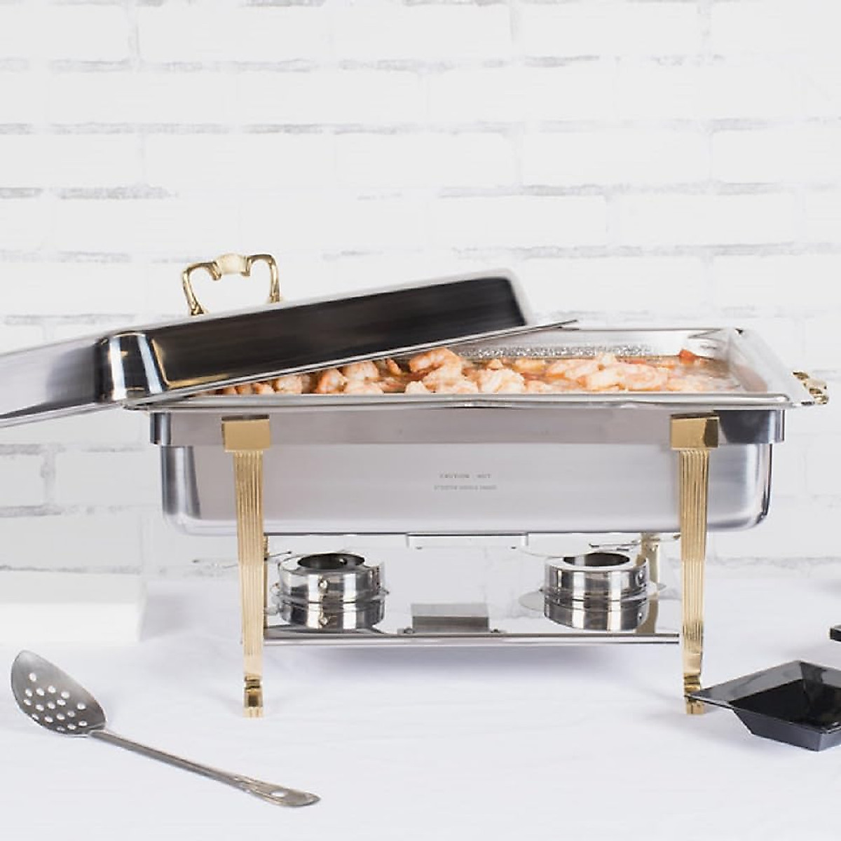 TrueCraftware- 8 Qt. Stainless Steel Full Size Continental Chafing Dish Brass Accent Complete Set- Food Warmer Chafers and Buffet Warmer Sets for Catering Event Party Holiday Buffet Weddings Catering