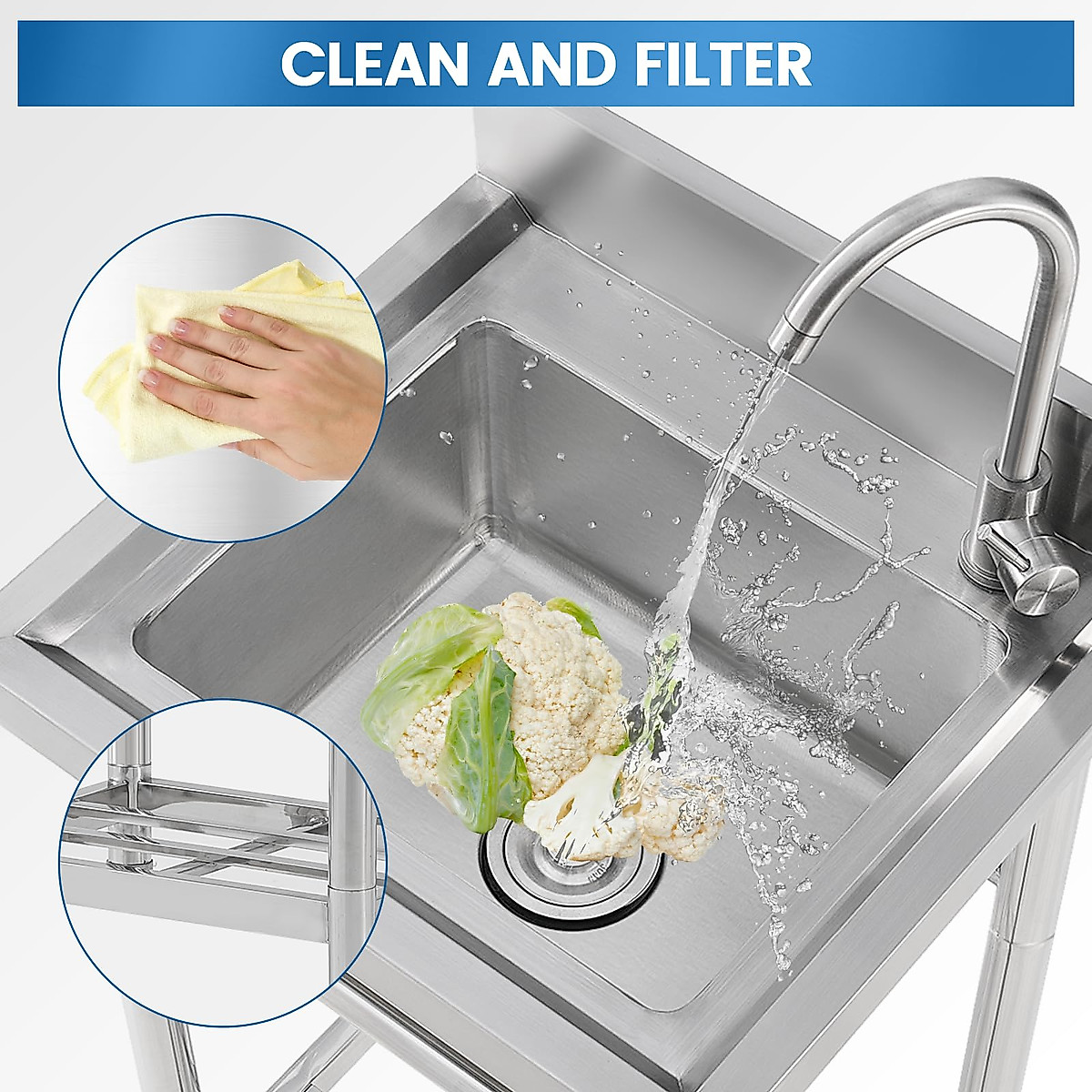 KUARBARR Stainless Steel Utility Sink Free Standing Single Bowl Set Prep Sink Station for Restaurant Kitchens Laundry Room Bathroom Farmhouse 22 Inches