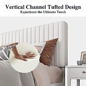 Allewie Full Bed Frame, Velvet Upholstered Platform Bed with Adjustable Vertical Channel Tufted Headboard, Mattress Foundation with Strong Wooden Slats, Box Spring Optional, Easy Assembly, Off-White