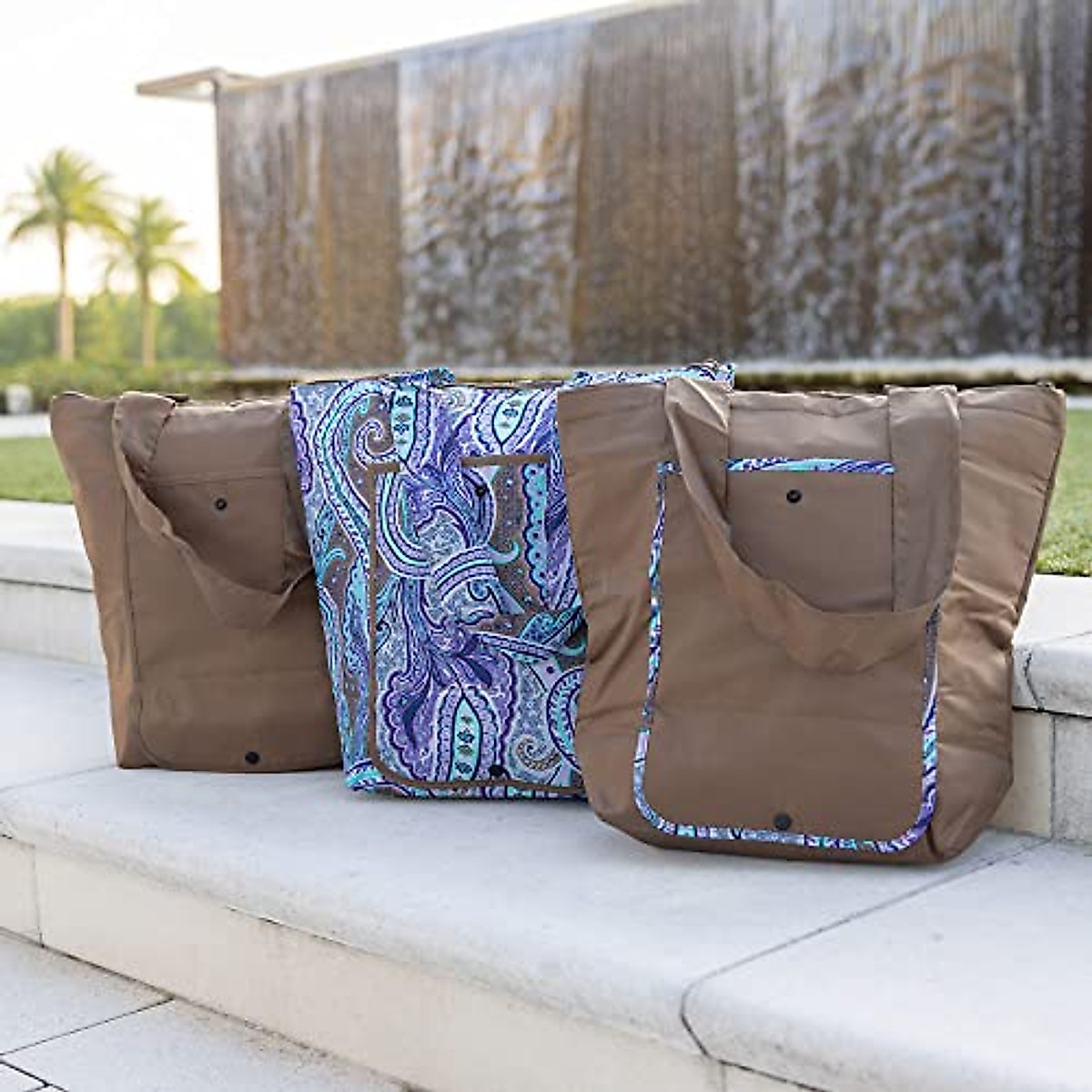 Sachi 3 Piece Market Tote Set – Insulated Thermal Reusable Grocery Bags for Cold and Hot Foods – Lightweight, Portable and Fold-able (Brown Damask Paisley)