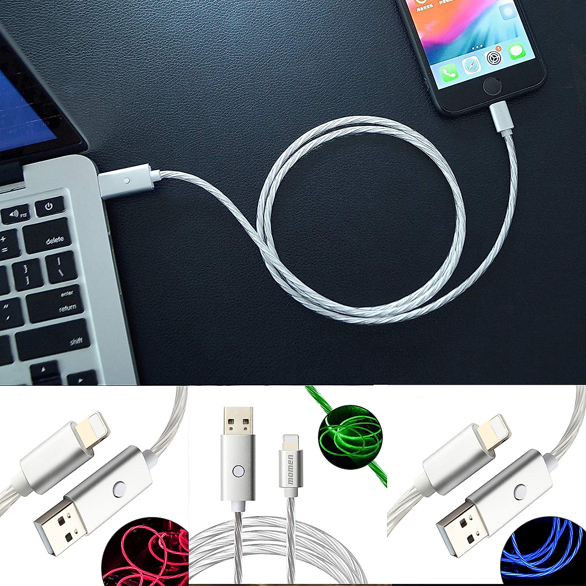 momen LED iPhone Charger Cable, 3 Pack 6FT Lighting Cables with Data Sync Fast Charging Cord Compatible 13/12/11/XS Max/XS/XR/X/8/7/Plus/SE/Pad,Phone Charger Cord Blue & Red & Green
