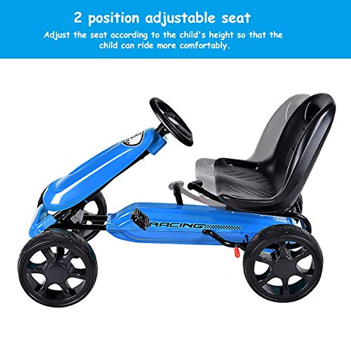 Costzon Go Kart, 4 Wheel Powered Ride On Toy, Outdoor Racer Pedal Car with Clutch, Brake, EVA Tires, Adjustable Seat (Blue)