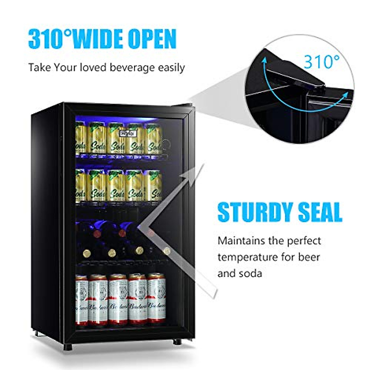 WANAI Beverage Refrigerator Cooler Fridge Glass Door 100Can Beer Fridge Cooler Drinks Wines Juice Soda Cooler Adjustable Shelves Blue LED Lights Temp Control for Home Office Dorm 3.2 Cu. Ft Shelves Blue LED Lights Temp Control for Home Office Dorm Bar 3.2
