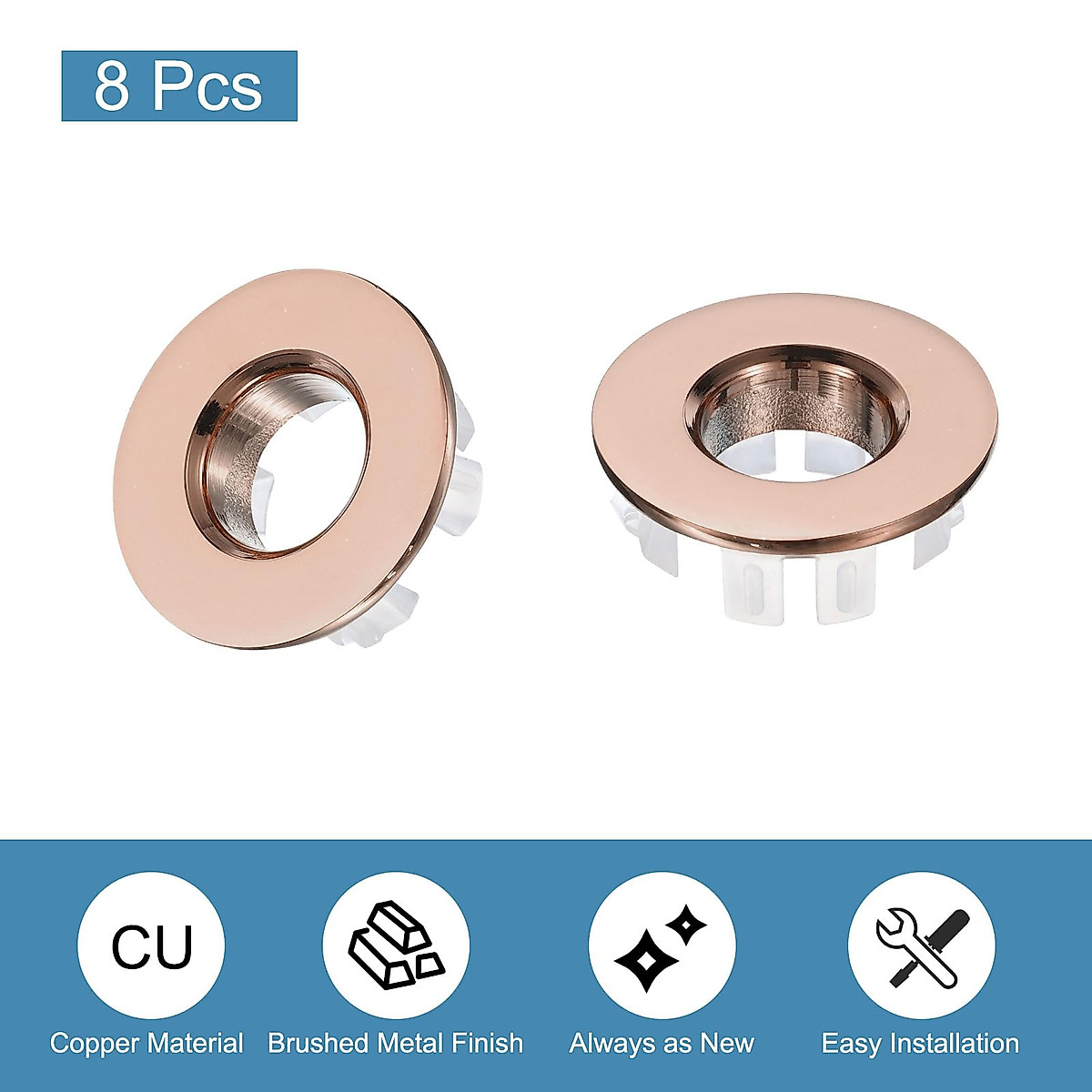 uxcell 8pcs Sink Overflow Rings, Bathroom Kitchen Basin Trim Bath Sink Hole Round Hollow Brass Overflow Drain Cover Insert in Hole (Rose Gold)
