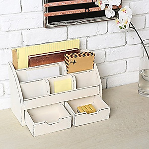 MyGift White Wood Desktop Organizer - Includes 6 Compartments and 2 Pullout Drawers to Organize Office Supplies and Accessories