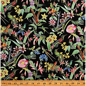 Cotton Hummingbirds Flowers Floral Gold Metallic Hummingbird Heaven Black Cotton Fabric Print by The Yard (M4915BLACK)