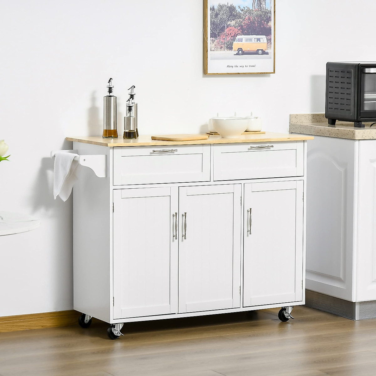 HOMCOM Mobile Kitchen Island with Storage, Kitchen Cart with Wood Top, Storage Drawers, 3-Door Cabinets, Adjustable Shelves and Towel Rack, White