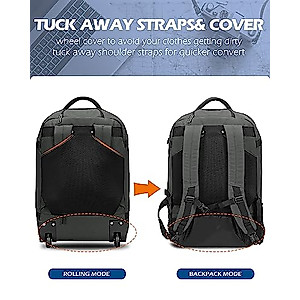 Hynes Eagle Rolling Backpack 42L Backpack with Wheels Airline Approved Carry on Luggage Laptop Travel Backpack for Women Men Grey-2023