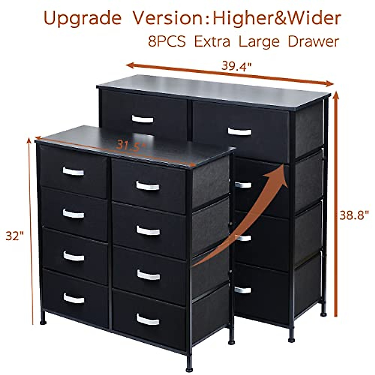 8 Drawers Extra Large Double Dresser Upgrade Fabric Storage Organizer Clothes Drawer with Wooden Tabletop Easy Pull Fabric Bins Organizer Unit for Bedroom Hallway Entryway Closet-Black