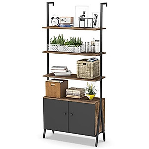 Usinso Wood Metal Ladder Bookshelf, Industrial 4-Tier Black Bookcase with Wide Storage Cabinet, Rutic Brown and Black Bookshelf for Living Room, Shelves for Storage Bedroom, 30L x 13W x 70H Inch