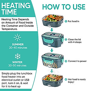 Filligs Electric Lunch Box Food Heater, 110V 12V 24V, Food Warmer for Office, Truck, Car, Work, With Removable Stainless Steel Container, Loncheras Electricas Para Calentar Almuerzo
