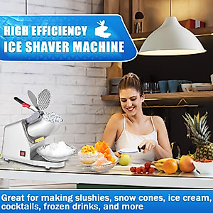 Ice Shaver Machine - Electric 4 Blades Ice Crusher Shaver, Stainless Steel Snow Cone Maker Shaved Ice Machine (300W 2200r/min) for Home & Commercial Use, Prevent Splash, with Ice Pick & Bowl