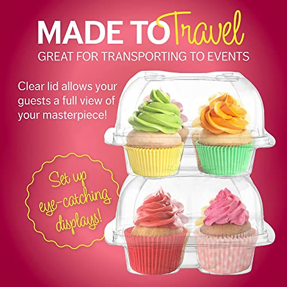 Plastic Cupcake Containers Boxes | 4 Compartment – 50 Pack | Disposable High Dome Cupcake Holder With Lid Bulk | Extra Sturdy And Stackable Cupcake Boxes | Durable Muffin Packaging Transporter To Go