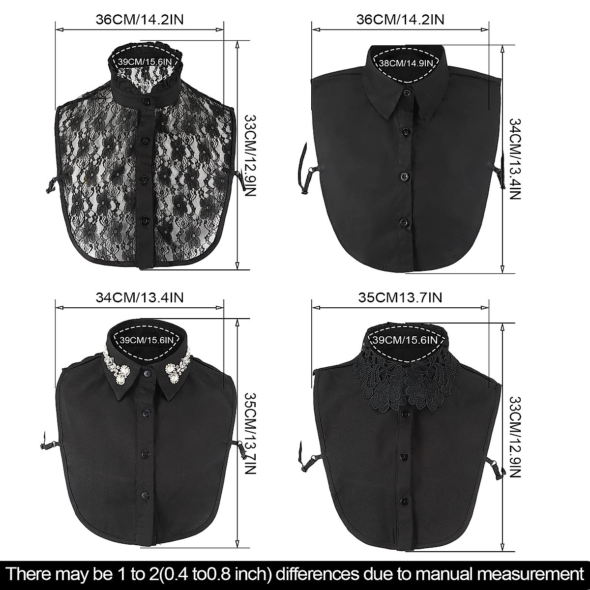 Women's Fake Detachable Dickey Collar Diamond Pearl Lace Fake Half Shirt Collar (Black)