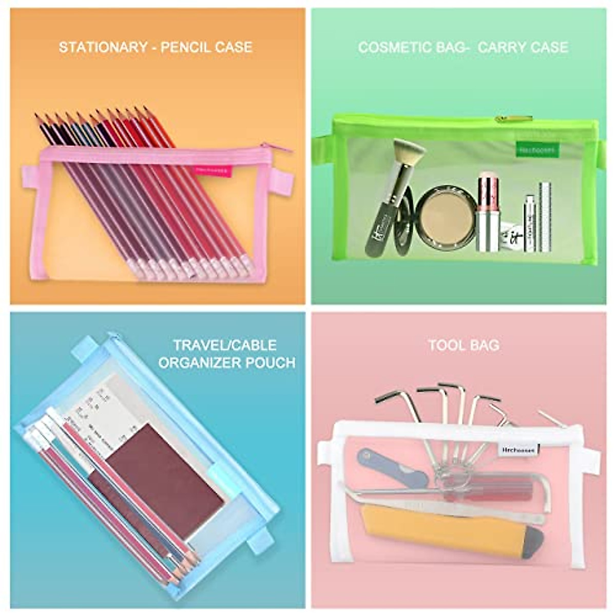 Darolin [Upgraded [4 Pack] Pencil Case, Clear Mesh Zippered Pencil Bag Pouch, Pen Case Organizer Storage, Portable Stationery Pouch for School College Office Supplies, Cosmetics Makeup Bag - B