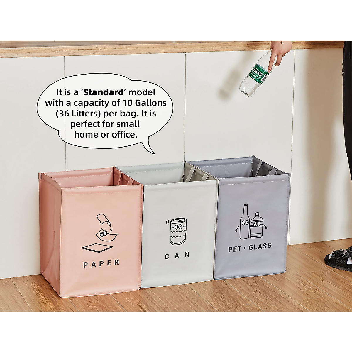 ECOWAN LIVING 36L Recycle Waste Bags for Kitchen, Indoor Recycling Bins, Recycle Bins for Home, Recyclable Waste Trash Sorting Organizer, Reusable Waterproof Anty-Deformation Design, Pack of 3 Bags