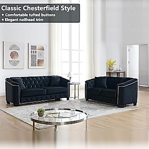 Sybrioka 77" Modern Chesterfield Velvet Sofa,3-Seater Sofa,Upholstered Tufted Backrests with Nailhead Arms and 2 Cushions for Living Room, Bedroom, Apartment, Office (77" 3-Seat Sofa, Black)