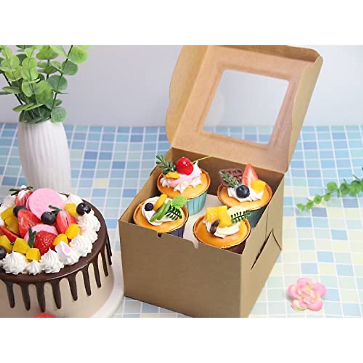 PQZKLDP 12Packs 6x6x5 Inches Brown Kraft Cake Boxes with Window, Gift Packing, Bakery Boxes, Dessert, Pastry, Cupcake, Pie Cookies, With Stickers,66 FT Twine (6 * 6 * 5 Inch, Brown)
