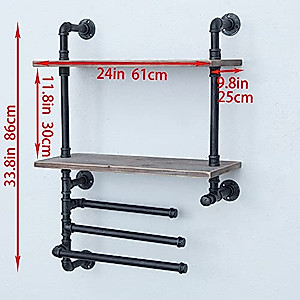 Industrial Towel Rack with 3 Towel Bar,24in Rustic Bathroom Shelves Wall Mounted,2 Tiered Farmhouse Pipe Shelving Wood Shelf,Metal Floating Shelves Towel Holder,Iron Distressed Shelf Over Toilet