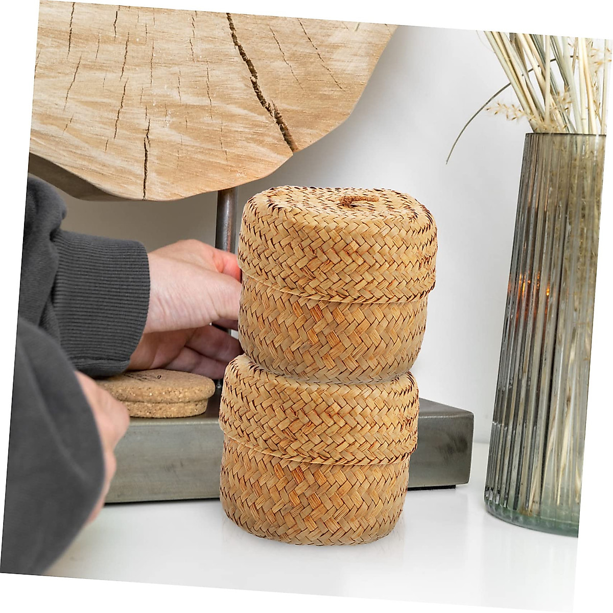Ciieeo Flower Basket Mini Planters Circle Tray Decor Handmade Woven Basket Wicker Desktop Decor Kids Storage Bin Tabletop Decor Wedding Decor Seagrass Flower Pot Shelf Seaweed Child Round