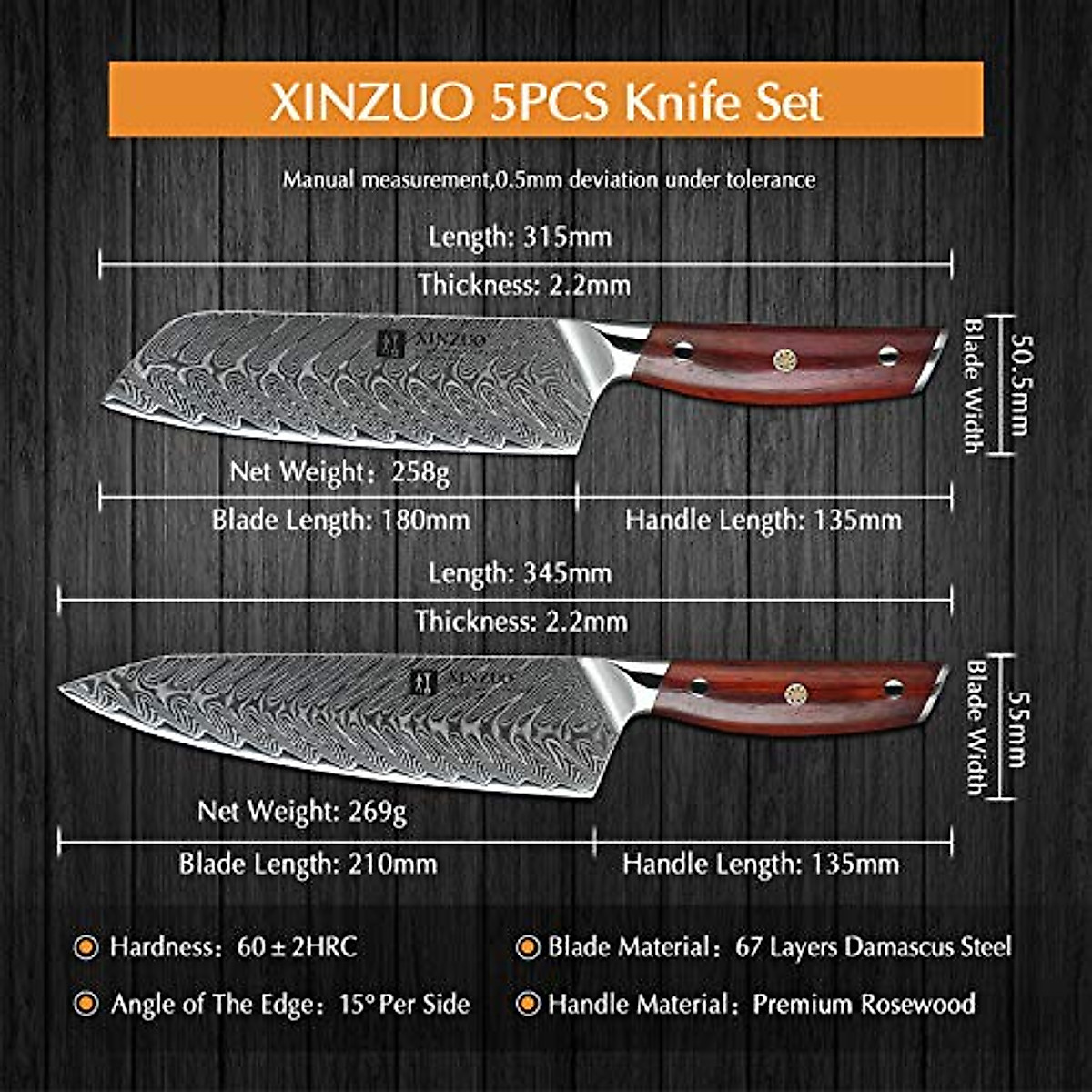 XINZUO 5-Piece Damascus Kitchen Knife Set, 67 Layer High Carbon Stainless Steel Forged Blade,Professional Chef Knife Set with Gift Box,Razor Sharp,Rosewood Handle - Yi Series