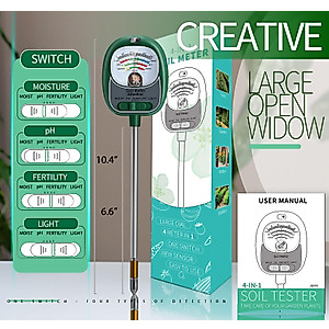 AiGerdinn Soil Test Kit, Soil Moisture Meter/Light/Fertility/Soil PH Meter for Gardening, No Need Battery Soil Tester for Indoor&Outdoor Garden,Farm,Lawn -GrassGreen