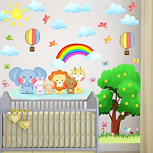 KOKOLAP 3 Sheet Big Tree Animal Wall Stickers,Forest Animal Wall Decal Baby Room Decor,Nursery Wall Decor Sun Wall Stickers Peel and Stick,Elephant Bear Wall Sticker Kids Room Bedroom Classroom Decor