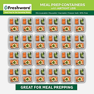 Freshware Meal Prep Containers 3 Compartment with Lids, Food Storage Containers, Bento Box, Stackable & Meal Prep Containers 2 Compartment with Lids, Food Storage Containers, Grey