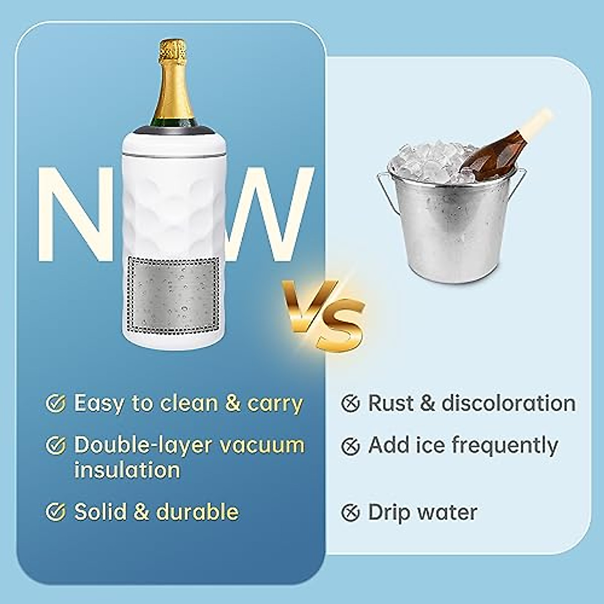 Wine Chiller Bucket with Stainless Steel Ice Cubes, Portable 750ml Wine Bottle Chiller Keep Beverages Cold, Wine Bottle Cooler Vacuum Insulated Wine Gifts for Women - White