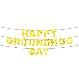 Happy Groundhog Day Banner Cute Animals Glitter Golden Theme Decor Decorations for Season Forecast 1st Birthday Party Spring February 2nd Holidays Festival Groundhog Day Supplies Favors Background