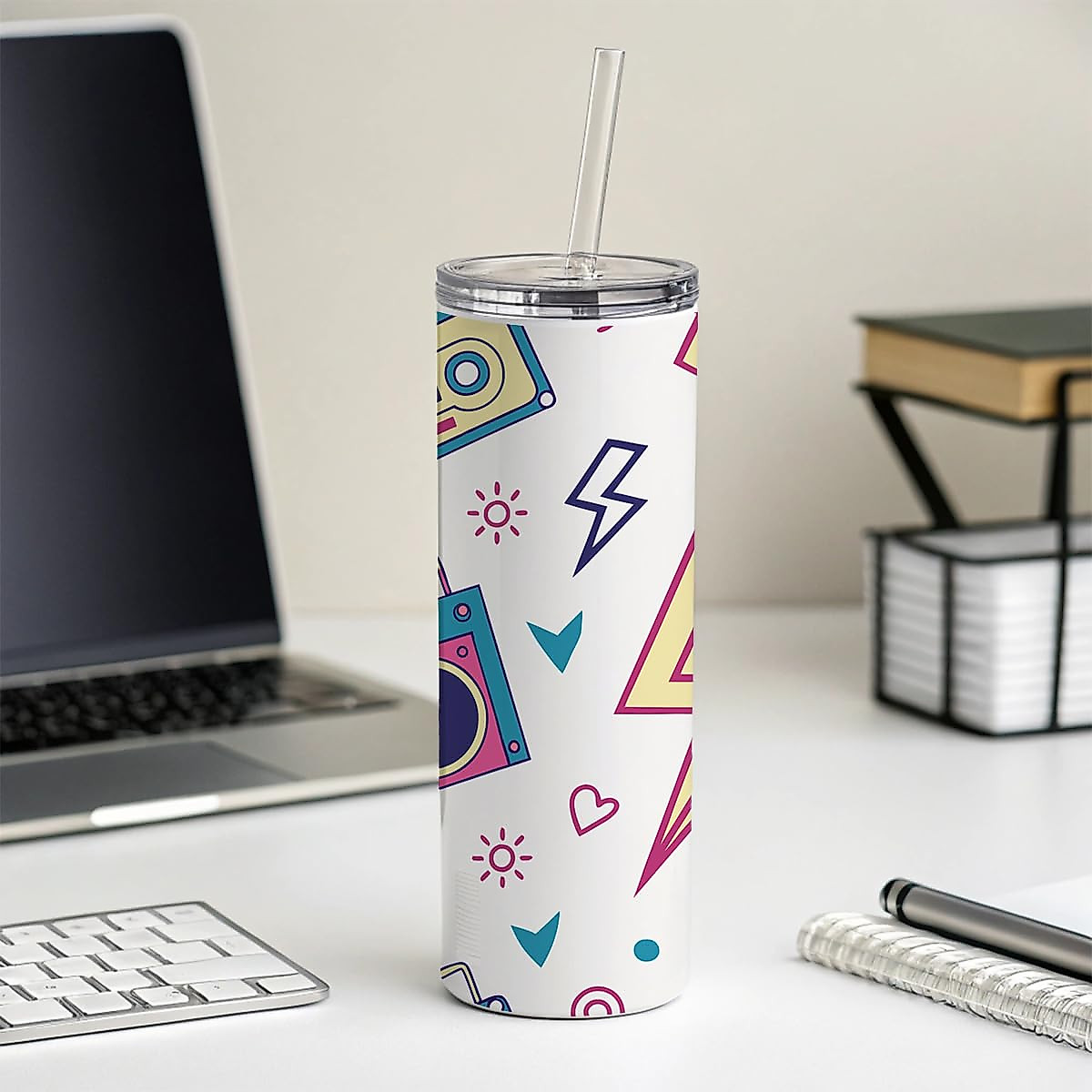 80's Eighties Theme Style Skinny Tumbler 20oz with Straw Insulated Water Bottle Gift