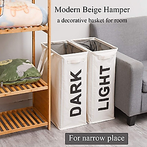 Haundry 2 Pack Light and Dark Laundry Hamper with Extended Handles, 2Pcs/Set Tall and Slim Separator Laundry Baskets, Large Foldable Laundry Organizer for Clothes, Beige