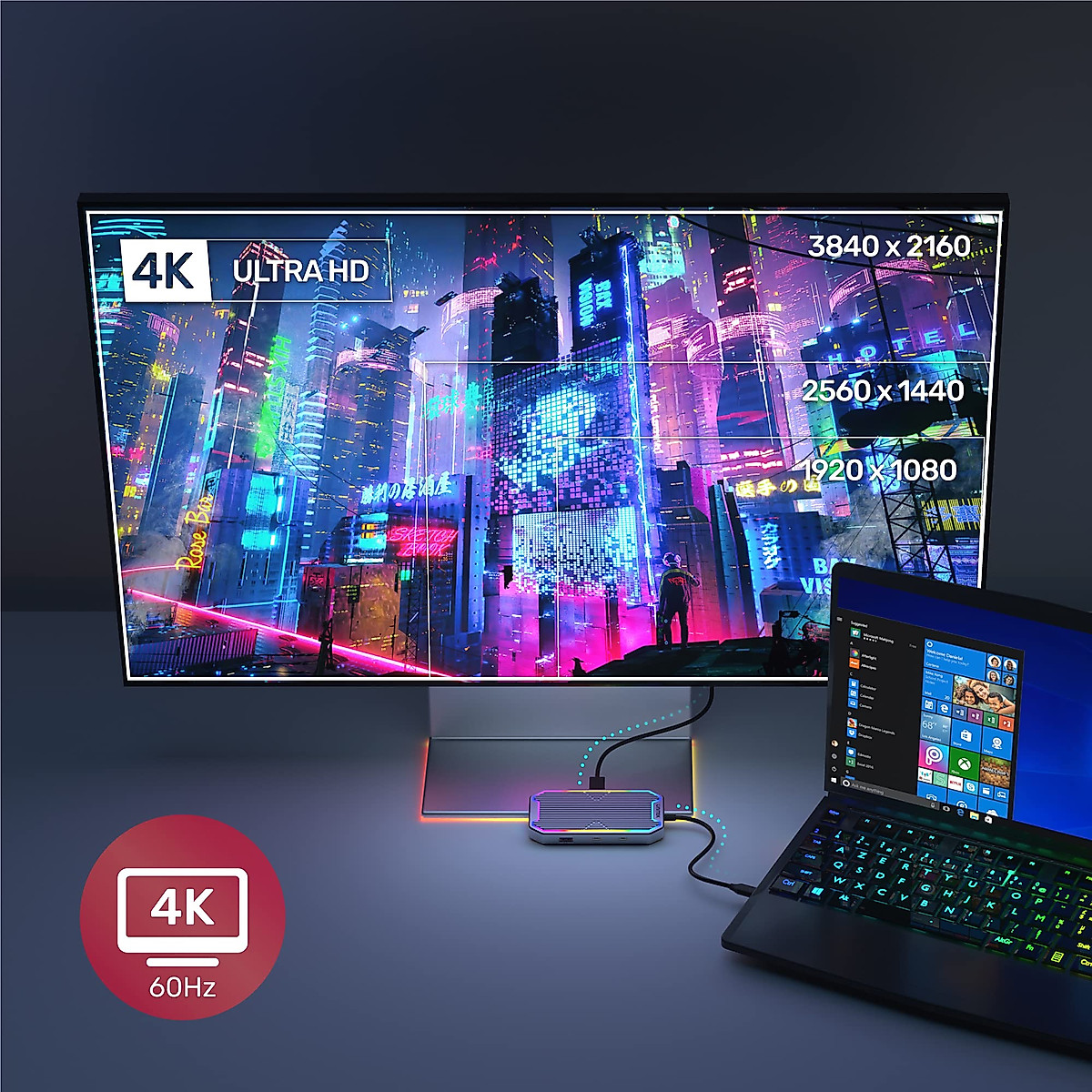 Unitek D1029A - uHUB S7+ 7-in-1 USB-C Hub with 10Gbps Data, HDMI and PD 100W / HDMI 2.0, USB 3.2 Gen 2 / Active/USB-C / 2X USB-A Port / 2X USB-C Port/Mini Jack 3.5 mm/RGB LED Lights