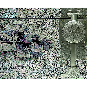 Mother of Pearl Inlay Decorative Long Life Symbols Design Lacquer Wooden Handcrafted Art Jewelry Wedding Trinket Keepsake Treasure Box Ring Case Chest Organizer